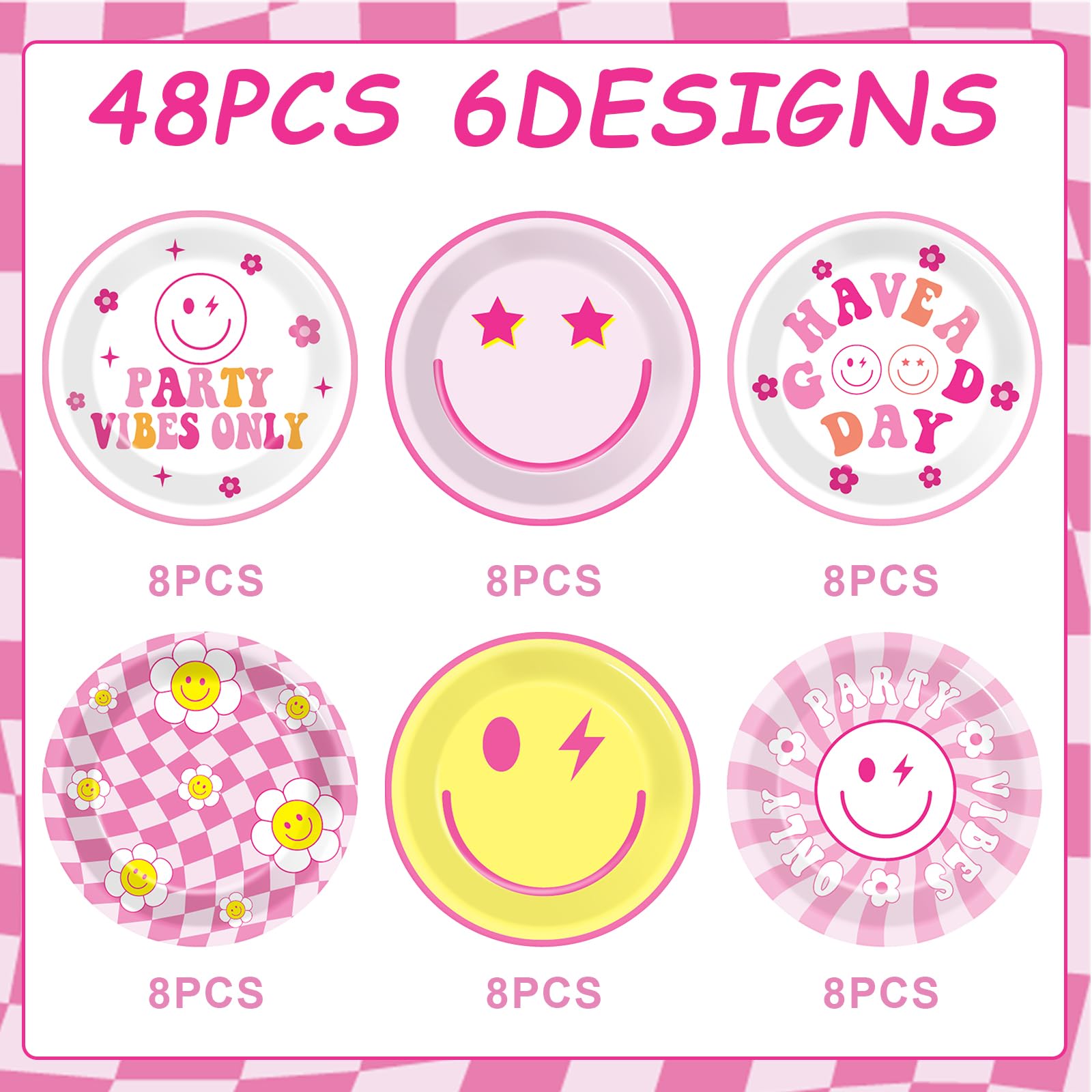 48PCS Preppy Party Supplies 7inch Pink Smile Face Paper Plates Preppy Smile Face Party Tableware Set Pink Preppy Plates for Baby Shower Birthday Y2k Party Decorations