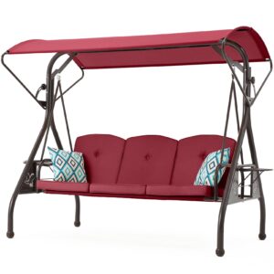 zzw patio swing with canopy 800lbs ultra load outdoor swing with cup holder 3-seat porch swing for adults heavy duty patio swing bed for patio, backyard and poolside, wine red