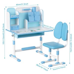 Kids Desk and Chair Set, Height Adjustable Kid Desk with Storage Drawers and Bookshelf, Ergonomic Desk for Kids, Curved Desktop Reading Writing Table (Blue A)