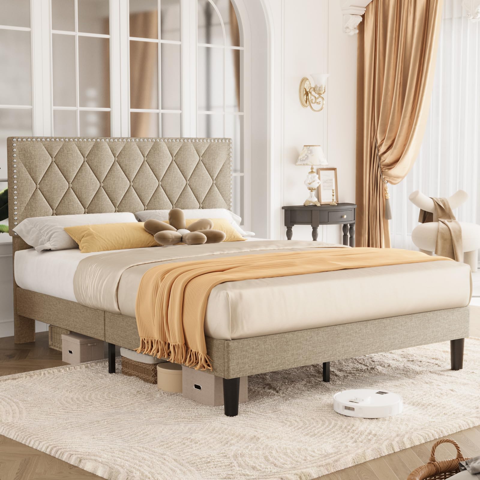 ONBRILL Queen Size Platform Bed Frame with Upholstered Headboard, Bed Frame with Button Tufted Adjustable Headboard, Bed Frame with Strong Wooden Slat, No Box Spring Needed, Noiseless, Beige