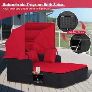 LDAILY Moccha Outdoor Daybed with Retractable Canopy, Wicker Cabana with 2 Side Tables & Soft Cushions,Hand-Woven PE Rattan Bed Lounger, Patio Sectional Furniture Set for Garden Backyard Porch (Red)