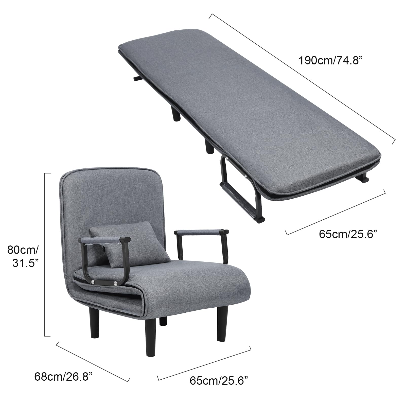 HEVIRGO Sleepers Sofa Couch Bed,3 in 1 Convertible Sofa Bed Zipper Closure Cover Armchair Bed, Convertible Sofa Bed with Adjustable Backrest, Fold Out Chair Bed for Apartments, Bedroom, Office Grey 6