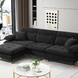 Suheww Black l Shaped Cloud Couch 3 Seater with Ottoman Set, Modern Chenille Sofa Sleeper Cloud Convertible Sectional Sofa, Comfy Cloud Couch l-Shape Extra Deep Seat Sofa Couch for Living Room