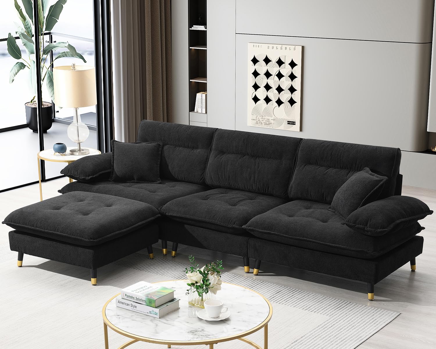 Suheww Black l Shaped Cloud Couch 3 Seater with Ottoman Set, Modern Chenille Sofa Sleeper Cloud Convertible Sectional Sofa, Comfy Cloud Couch l-Shape Extra Deep Seat Sofa Couch for Living Room