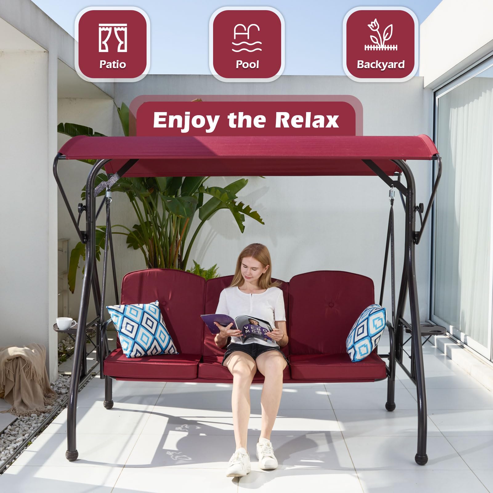 ZZW Patio Swing with Canopy 800LBS Ultra Load Outdoor Swing with Cup Holder 3-Seat Porch Swing for Adults Heavy Duty Patio Swing Bed for Patio, Backyard and Poolside, Wine Red