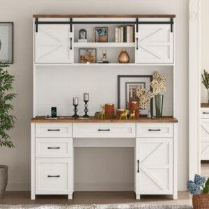 Farmhouse 67" H Executive Desk with Hutch,Office Desk with 5 Drawers, Computer Desk with Storage Cabinet & File Drawers and Charging Station, Wood Workstation for Home Office and Study