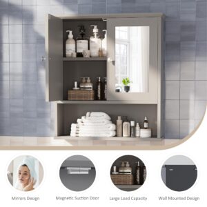 Meilocar Bathroom Cabinet with Mirror Doors, Bathroom Wall Cabinet Wall Mounted Bathroom Mirror Cabinet, Over Toilet Medicine Cabinets for Bathroom Laundry Room Kitchen, Grey