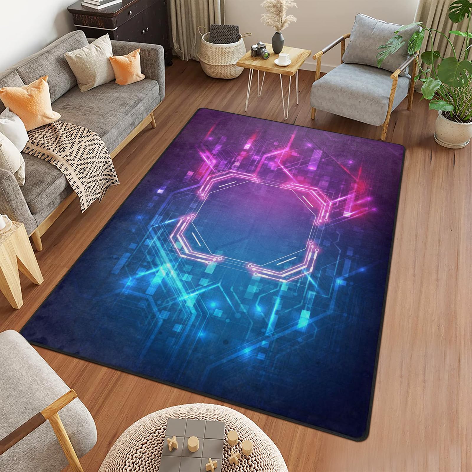 Amorettise Abstract Circuit Board Area Rug for Playroom 5' X 7' Gamer Rug for Boy Cool Player Room Decor, Hi-Tech Digital Gaming Carpets for Child Play Bedroom Dorm(Blue-Purple Neon)