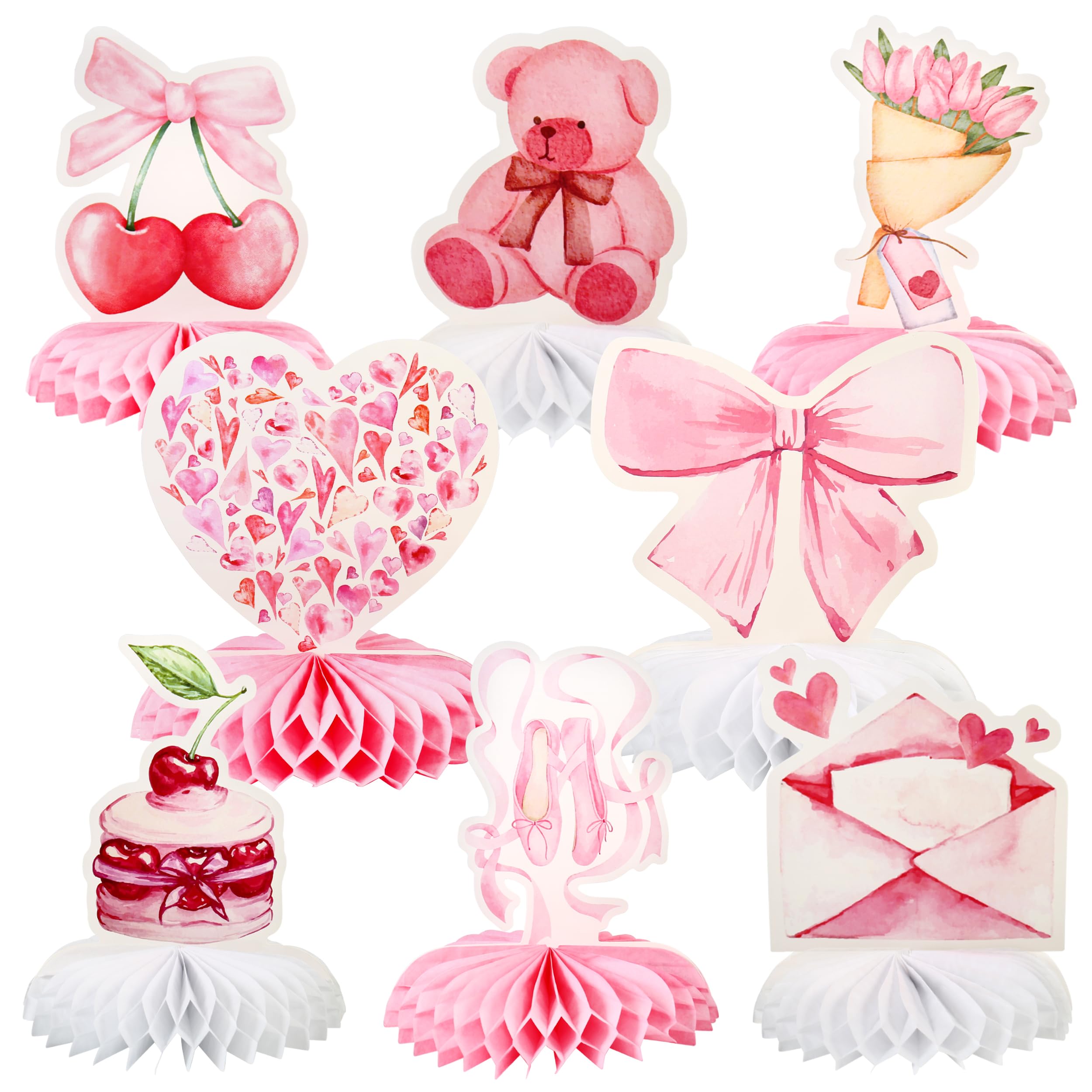 GiiezQia 8 Pcs Coquette Pink Bow Party Honeycomb Centerpieces Decorations Cherry Cake Ballet Heart Cutouts Table Toppers for Girls Birthday Baby Shower Bridal Bachelorette Engagement Wedding Decor