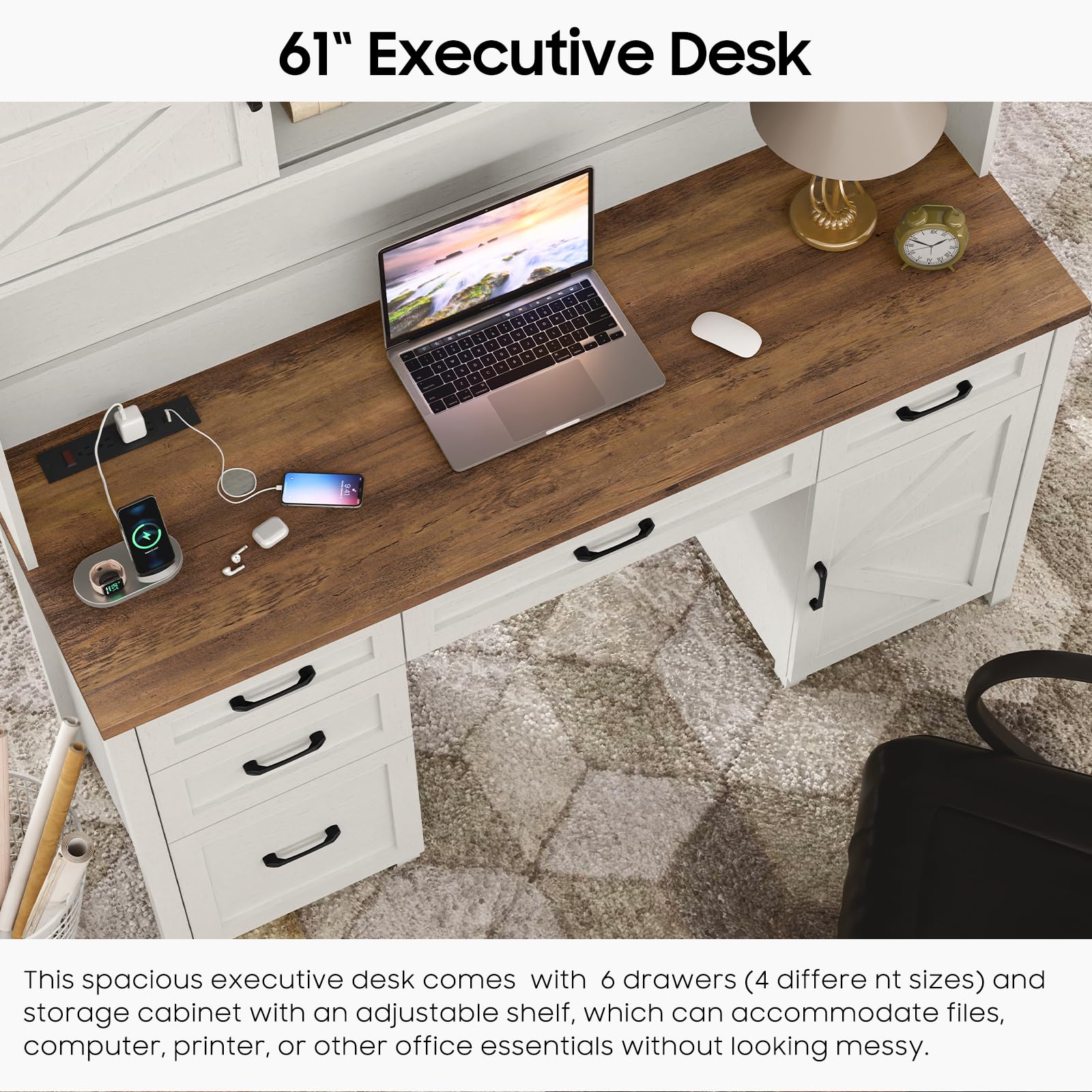 Farmhouse 67" H Executive Desk with Hutch,Office Desk with 5 Drawers, Computer Desk with Storage Cabinet & File Drawers and Charging Station, Wood Workstation for Home Office and Study