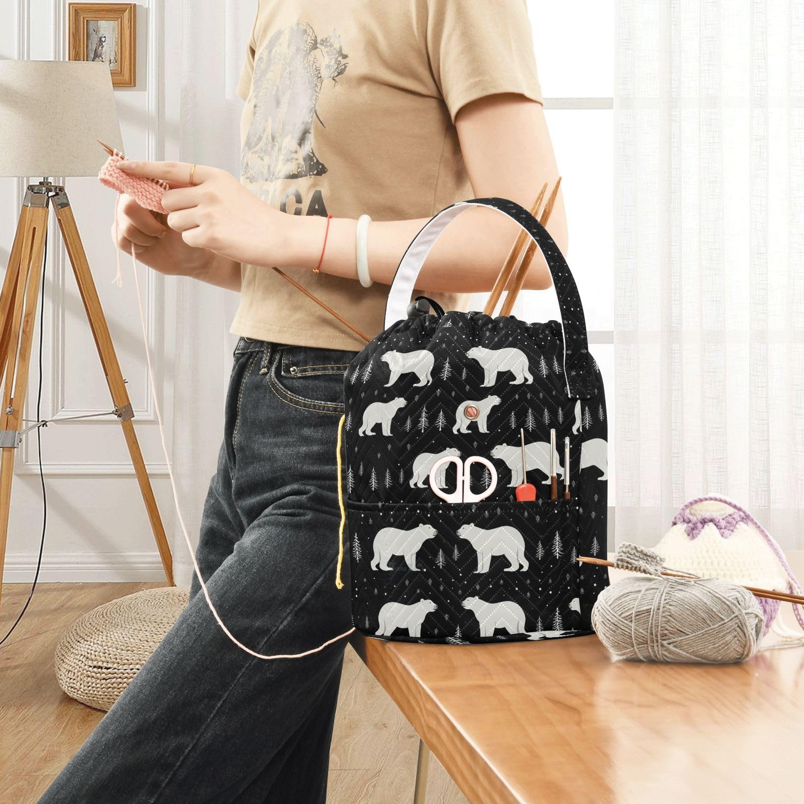 Joko Ivery Polar Bear Black Crochet Bag Organizer for Crocheting Knitting Bag Yarn Storage Organizer with Front Compartments Crochet Tote for Knitting Needles Gifts Crochet Accessories Hooks