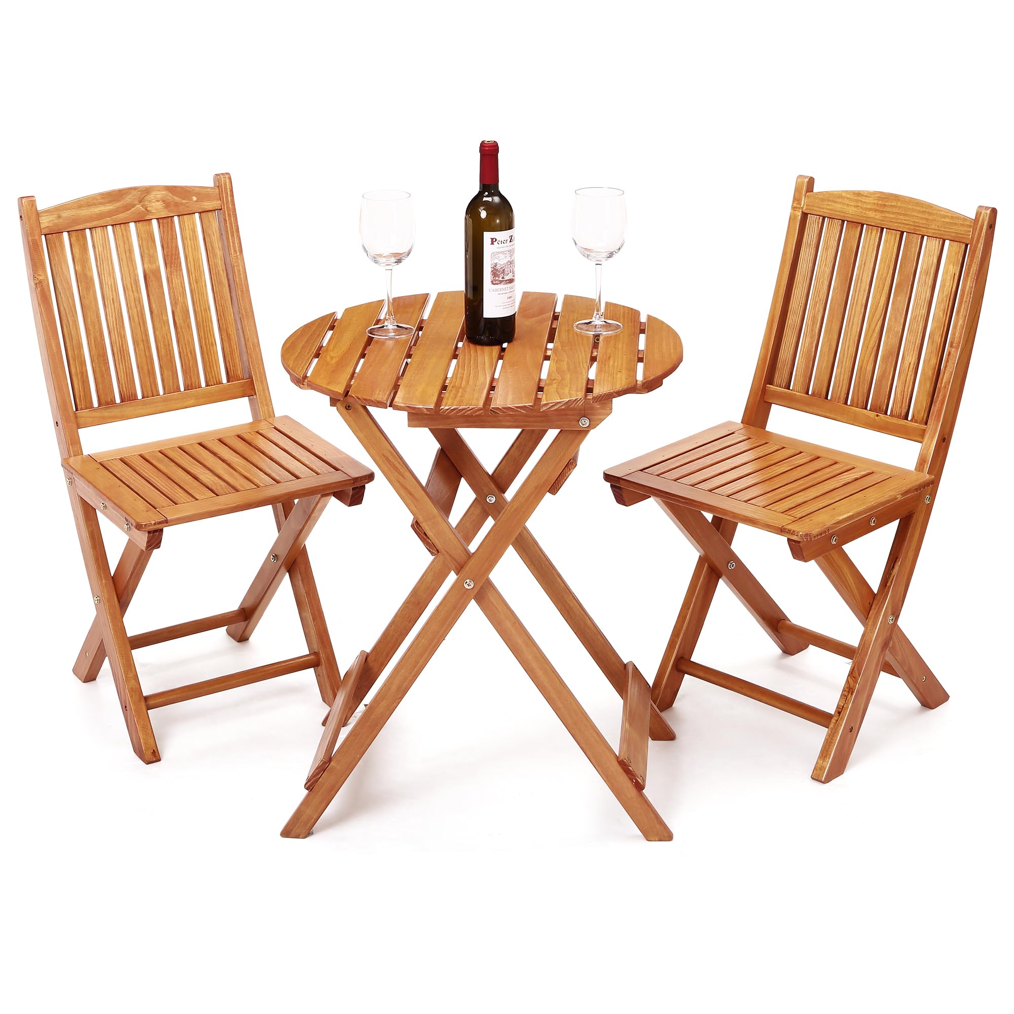 TROPOW Foldable Patio Furniture Set, Outdoor Bistro Set for 2, Wooden Table and Chairs Set, Bistro Patio Set for Poolside, Beach, Backyard, Balcony, Deck