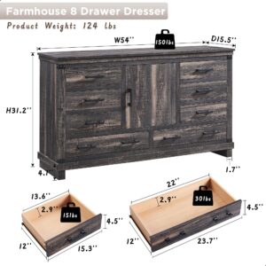 Farmhouse 8 Drawer Dresser for Bedroom - 54 Inch Wide Dresser TV Stand with Storage & Adjustable Shelves, Wood Dressers & Chests of Drawers for Closet, Dark Rustic Oak