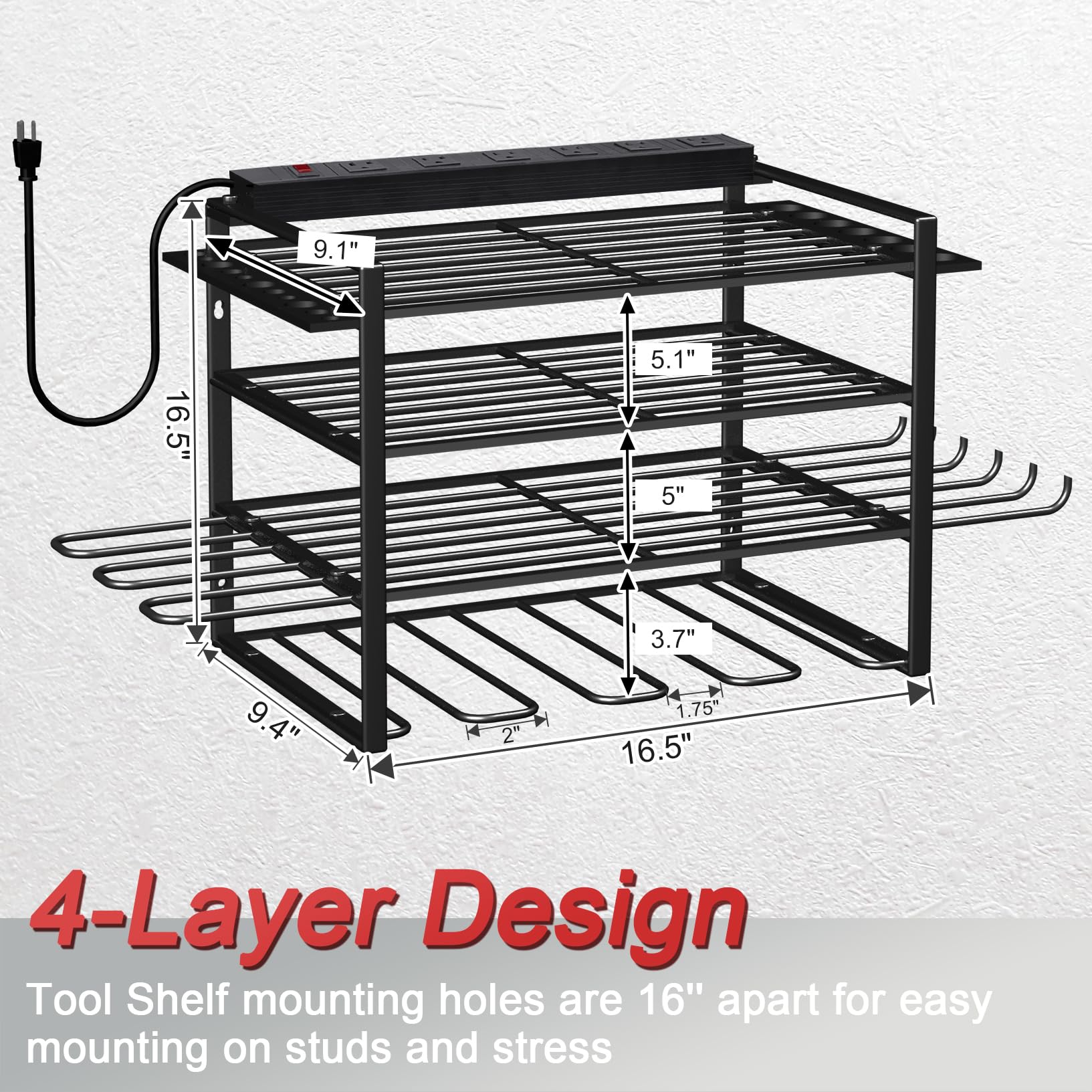 Spaclear Power Tool Organizer Wall Mount with Charging Station Garage Tools and Battery Storage Rack 4 Layer 6 Drill Holder Utility Rack Tool Shelf with Screwdriver/Plier/Hammer Holder Gift for Men