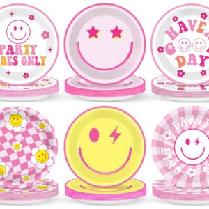 48PCS Preppy Party Supplies 7inch Pink Smile Face Paper Plates Preppy Smile Face Party Tableware Set Pink Preppy Plates for Baby Shower Birthday Y2k Party Decorations