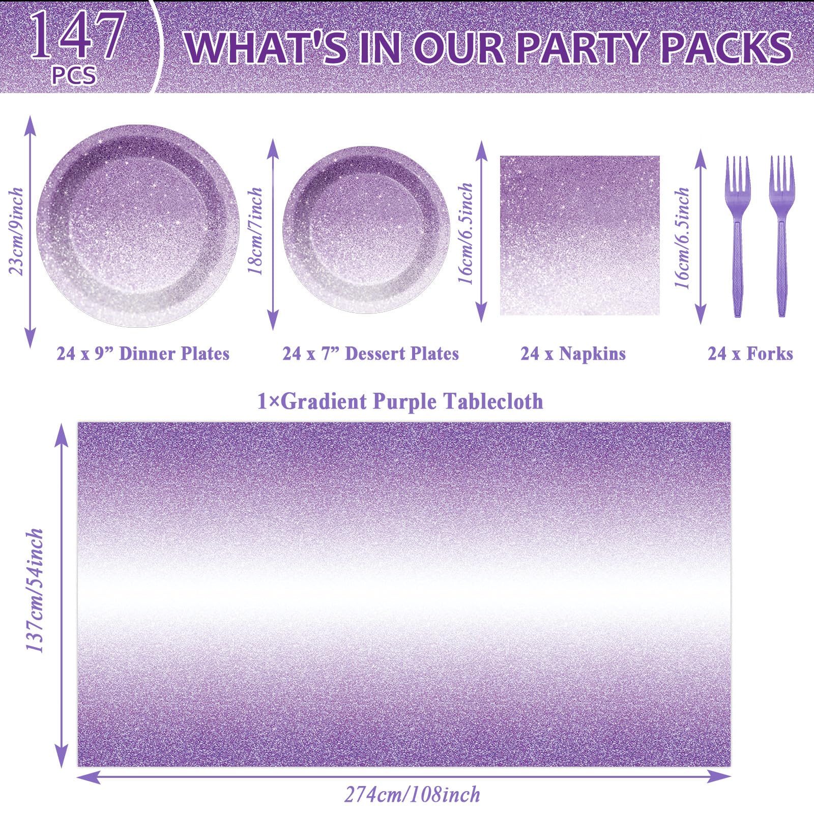 147Pcs Ombre Purple Party Decors Gradient Pastel Purple Plates Tableware Set Party Supplies Light Purple Balloons Banner Tinsel Foil Fringe Curtains Kit for Girls Women Birthday Wedding Party Favor