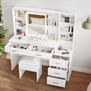 Makeup Vanity with LED Lighted Sliding Mirror, White Vanity Desk with 5 Drawers, Charging Station & Hidden Storage Shelves, Adjustable Brightness, Dressing Table Stool Set for Bedroom