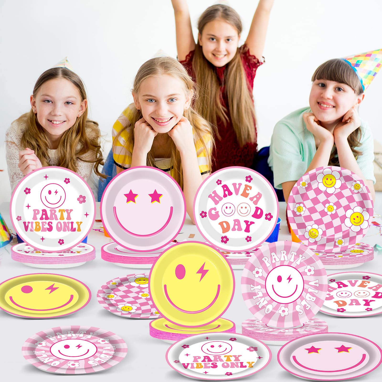 48PCS Preppy Party Supplies 7inch Pink Smile Face Paper Plates Preppy Smile Face Party Tableware Set Pink Preppy Plates for Baby Shower Birthday Y2k Party Decorations