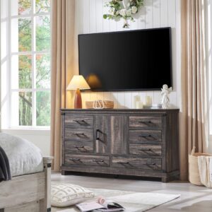 Farmhouse 8 Drawer Dresser for Bedroom - 54 Inch Wide Dresser TV Stand with Storage & Adjustable Shelves, Wood Dressers & Chests of Drawers for Closet, Dark Rustic Oak