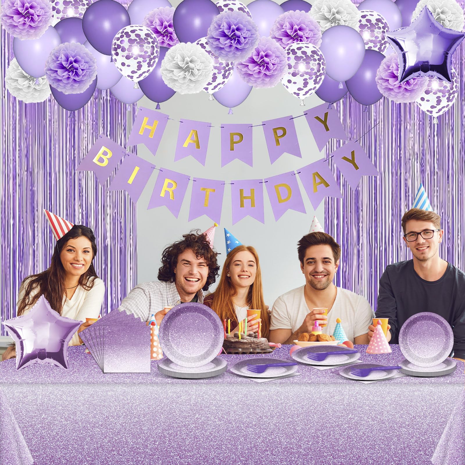 147Pcs Ombre Purple Party Decors Gradient Pastel Purple Plates Tableware Set Party Supplies Light Purple Balloons Banner Tinsel Foil Fringe Curtains Kit for Girls Women Birthday Wedding Party Favor