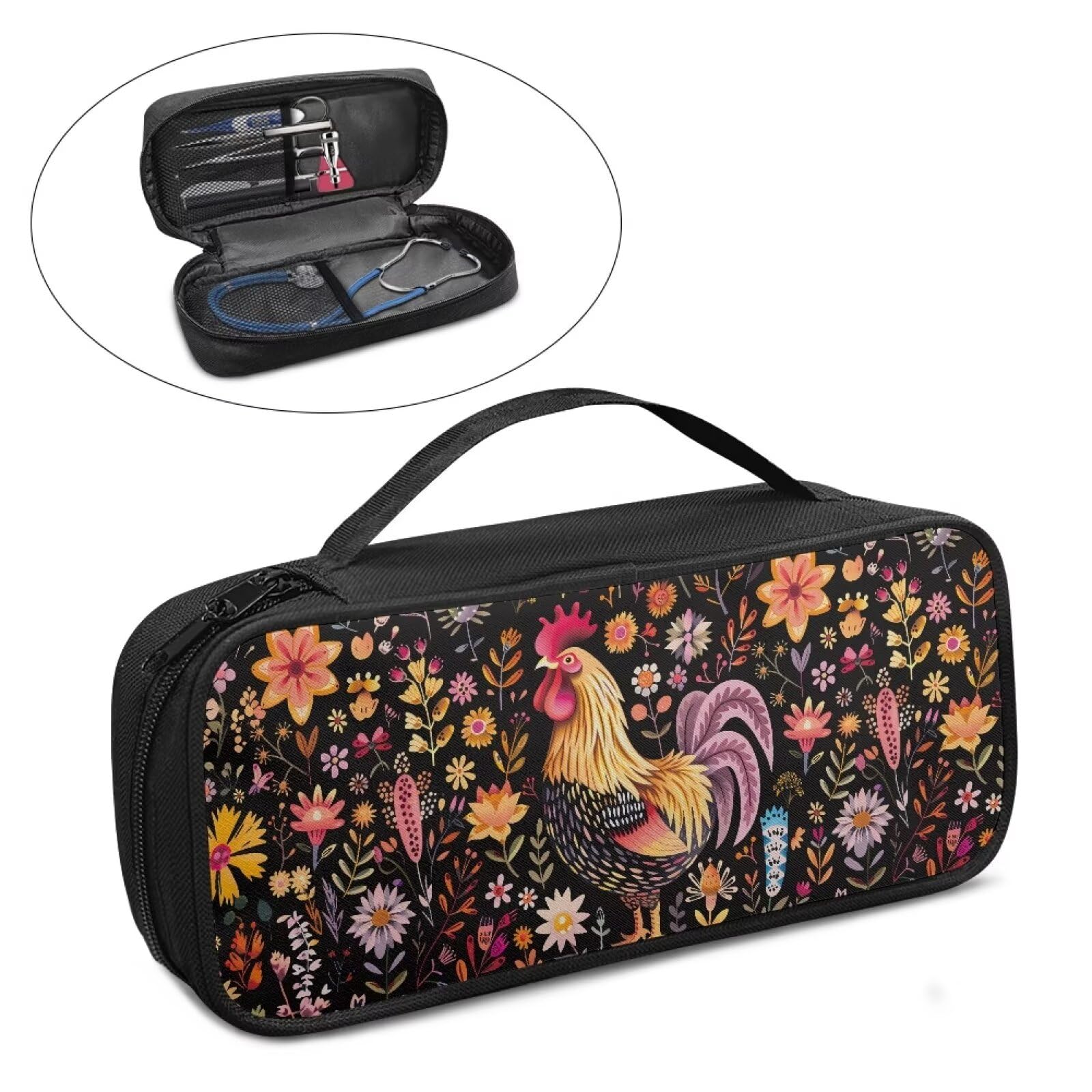 Rnyleeg Retro Floral Chicken Rooster Stethoscope Carrying Case Lightweight Stethoscope Case Large Storage Bag for Nurse Doctor