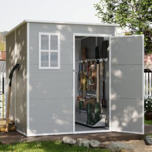 udpatio outdoor storage shed 6 x 6 ft, resin garden sheds plastic patio outdoor storage with lockable door for tool, bike, garbage can gray white