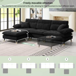 Suheww Black l Shaped Cloud Couch 3 Seater with Ottoman Set, Modern Chenille Sofa Sleeper Cloud Convertible Sectional Sofa, Comfy Cloud Couch l-Shape Extra Deep Seat Sofa Couch for Living Room