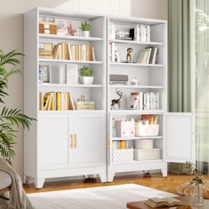 pozdeg 6 tier bookshelf and bookcase, metal bookshelves with 4 adjustable shelves and 2 doors, floor bookcase and office storage cabinets for office study livingroom bedroom (white)