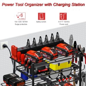 Spaclear Power Tool Organizer Wall Mount with Charging Station Garage Tools and Battery Storage Rack 4 Layer 6 Drill Holder Utility Rack Tool Shelf with Screwdriver/Plier/Hammer Holder Gift for Men