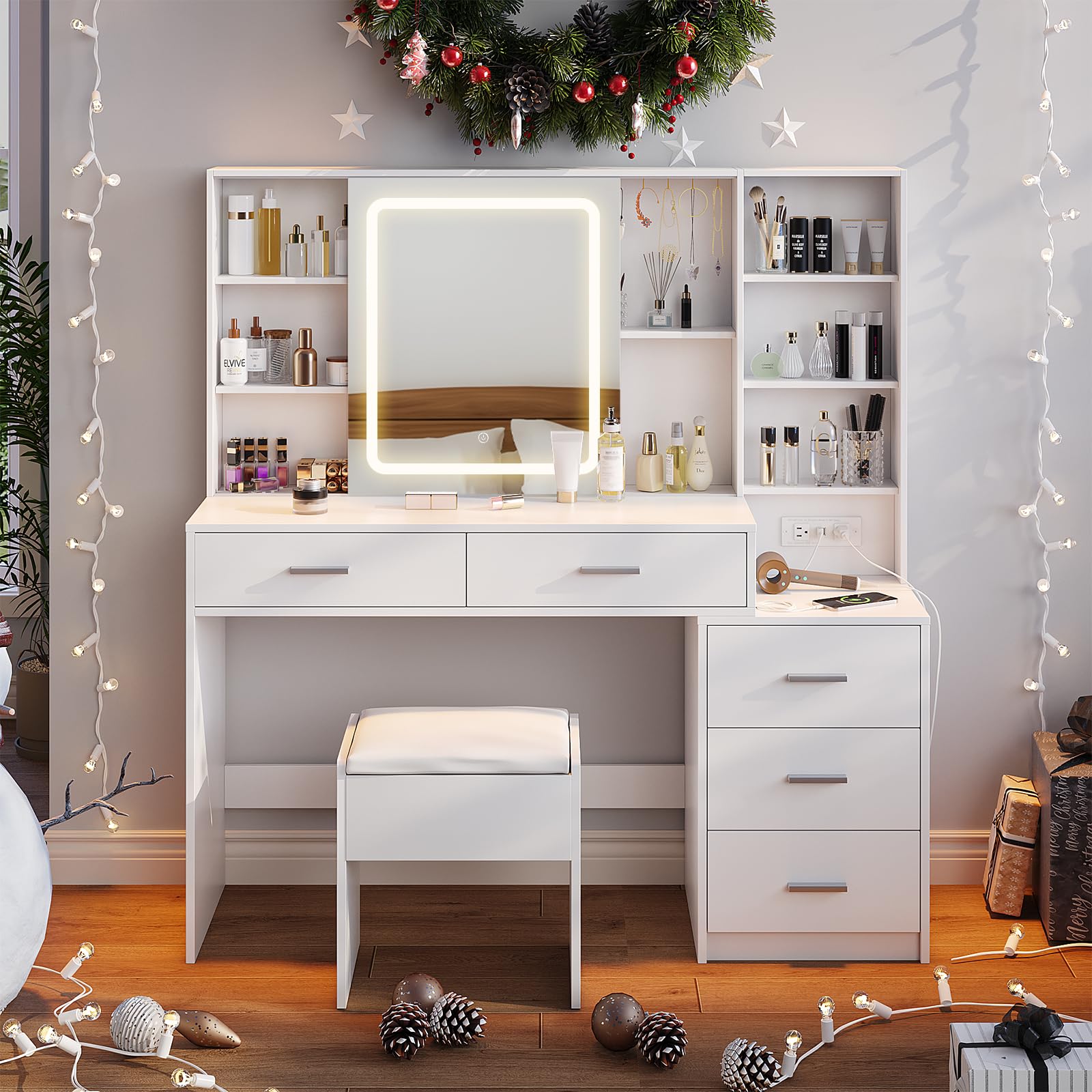 Makeup Vanity with LED Lighted Sliding Mirror, White Vanity Desk with 5 Drawers, Charging Station & Hidden Storage Shelves, Adjustable Brightness, Dressing Table Stool Set for Bedroom