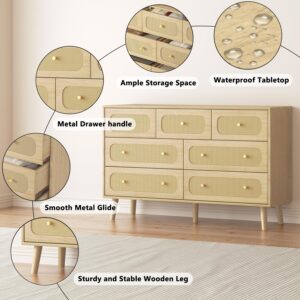 HOUROM Natural Rattan Dresser for Bedroom, Boho Wood Durable Dressers & chests of Drawers with Gold Handles, Modern Wood 7 Drawer Dresser for Bedroom