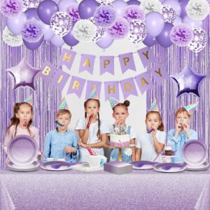 147Pcs Ombre Purple Party Decors Gradient Pastel Purple Plates Tableware Set Party Supplies Light Purple Balloons Banner Tinsel Foil Fringe Curtains Kit for Girls Women Birthday Wedding Party Favor