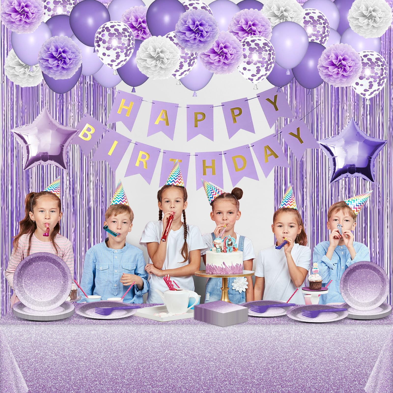 147Pcs Ombre Purple Party Decors Gradient Pastel Purple Plates Tableware Set Party Supplies Light Purple Balloons Banner Tinsel Foil Fringe Curtains Kit for Girls Women Birthday Wedding Party Favor