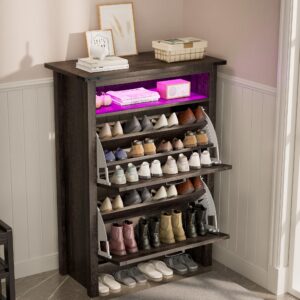 MU Shoe Cabinet with 2 Flip Drawers & Open Storage Space, Entryway Shoe Storage Cabinet with LED Light, Hidden Shoe Organizer for Entryway, Gray