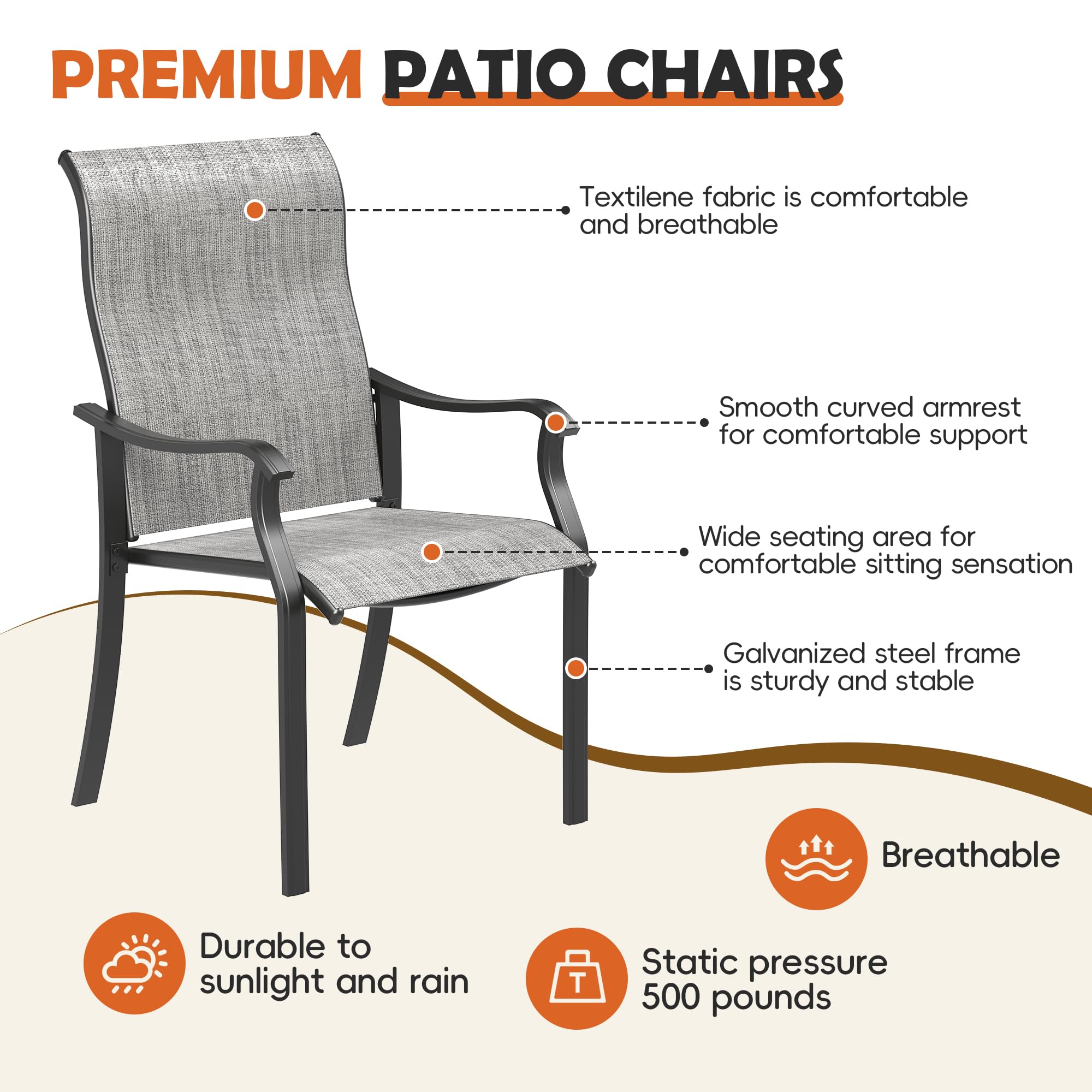 UDPATIO Patio Dining Chairs Set of 6, High Back Wide Seat Outdoor Furniture Chairs with All Weather Breathable Textilene, for Lawn Garden Backyard Deck, Grey White