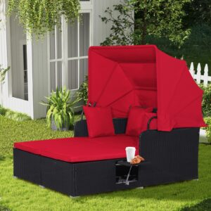 LDAILY Moccha Outdoor Daybed with Retractable Canopy, Wicker Cabana with 2 Side Tables & Soft Cushions,Hand-Woven PE Rattan Bed Lounger, Patio Sectional Furniture Set for Garden Backyard Porch (Red)