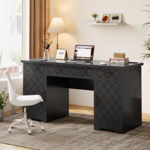 garveehome executive desk with drawers, 55" computer desk with power outlets and cabinet, wood home office study writing desk