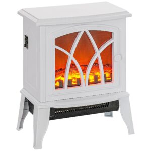 homcom electric fireplace stove, 18" freestanding fireplace heater with realistic flame, overheating protection, portable, 750w/1500w, white