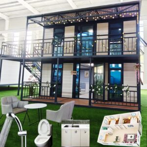 double story fully equipped bathroom 20ft 2 bedrooms prefab expandable container house 20ft luxury home stairs with toilet, kitchen, bathroom, living room