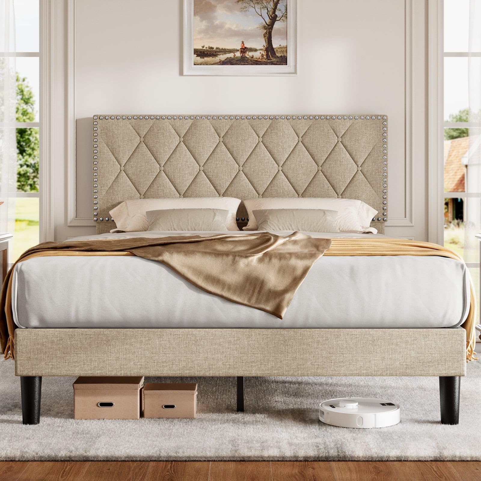 ONBRILL Queen Size Platform Bed Frame with Upholstered Headboard, Bed Frame with Button Tufted Adjustable Headboard, Bed Frame with Strong Wooden Slat, No Box Spring Needed, Noiseless, Beige