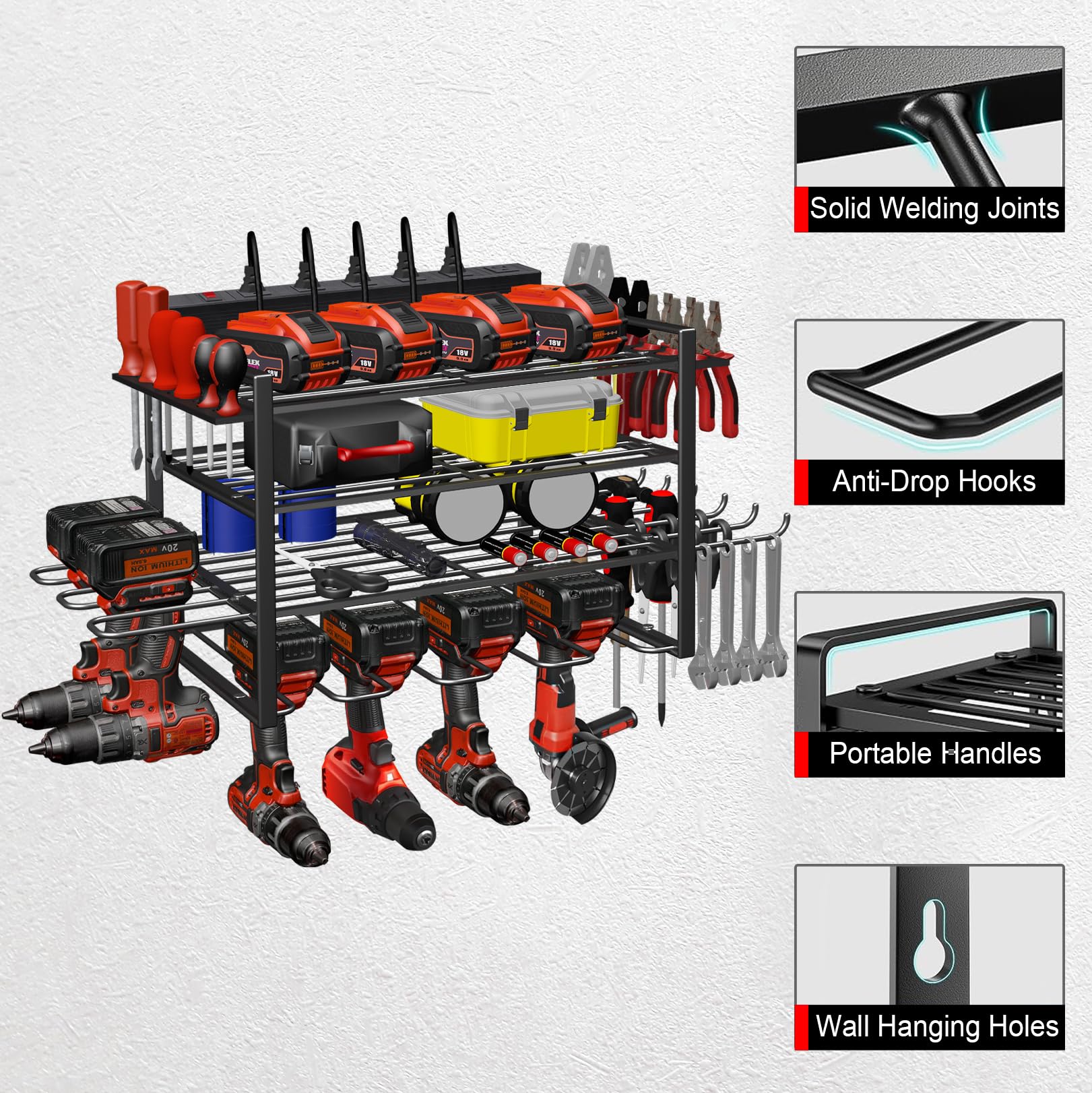 Spaclear Power Tool Organizer Wall Mount with Charging Station Garage Tools and Battery Storage Rack 4 Layer 6 Drill Holder Utility Rack Tool Shelf with Screwdriver/Plier/Hammer Holder Gift for Men