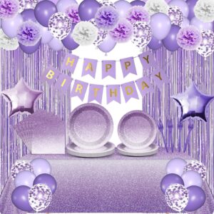 147pcs ombre purple party decors gradient pastel purple plates tableware set party supplies light purple balloons banner tinsel foil fringe curtains kit for girls women birthday wedding party favor