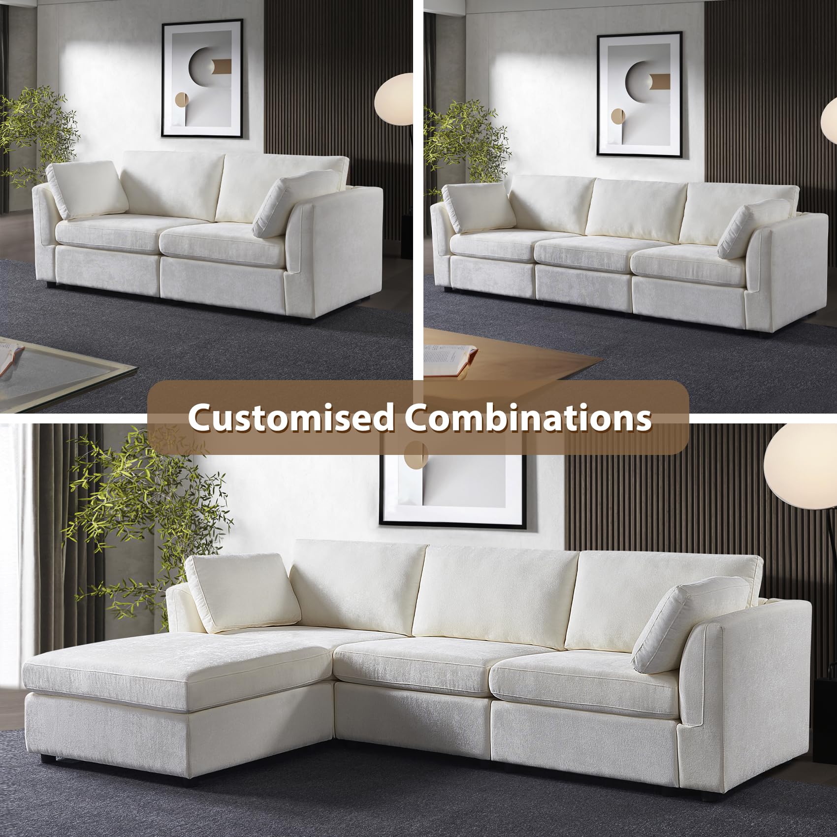 mestyl Modular Sectional Sofa, 113 Inch Couch Set for Living Room, 3-Seater Comfy Cloud Couches with High Supportive & Soft Sponges, Cozy Couch for House, Apartment, Bedroom (Beige)