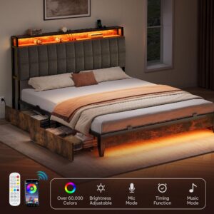 YITAHOME Queen Size Bed Frame with RGB LED Lights and 4 Drawers, Upholstered Platform Bed with Charging Station and Storage Headboard, No Box Spring Needed, Noise-Free, Fast Assembly, Rustic Brown