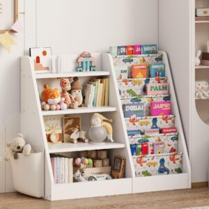 IRONCK Kids Bookshelf and Toy Storage Organizer, 4 Tier Wooden Kids Montessori Bookcase with 6 Layer Sling Shelves, for Kids Room, Bedroom, Playroom, White