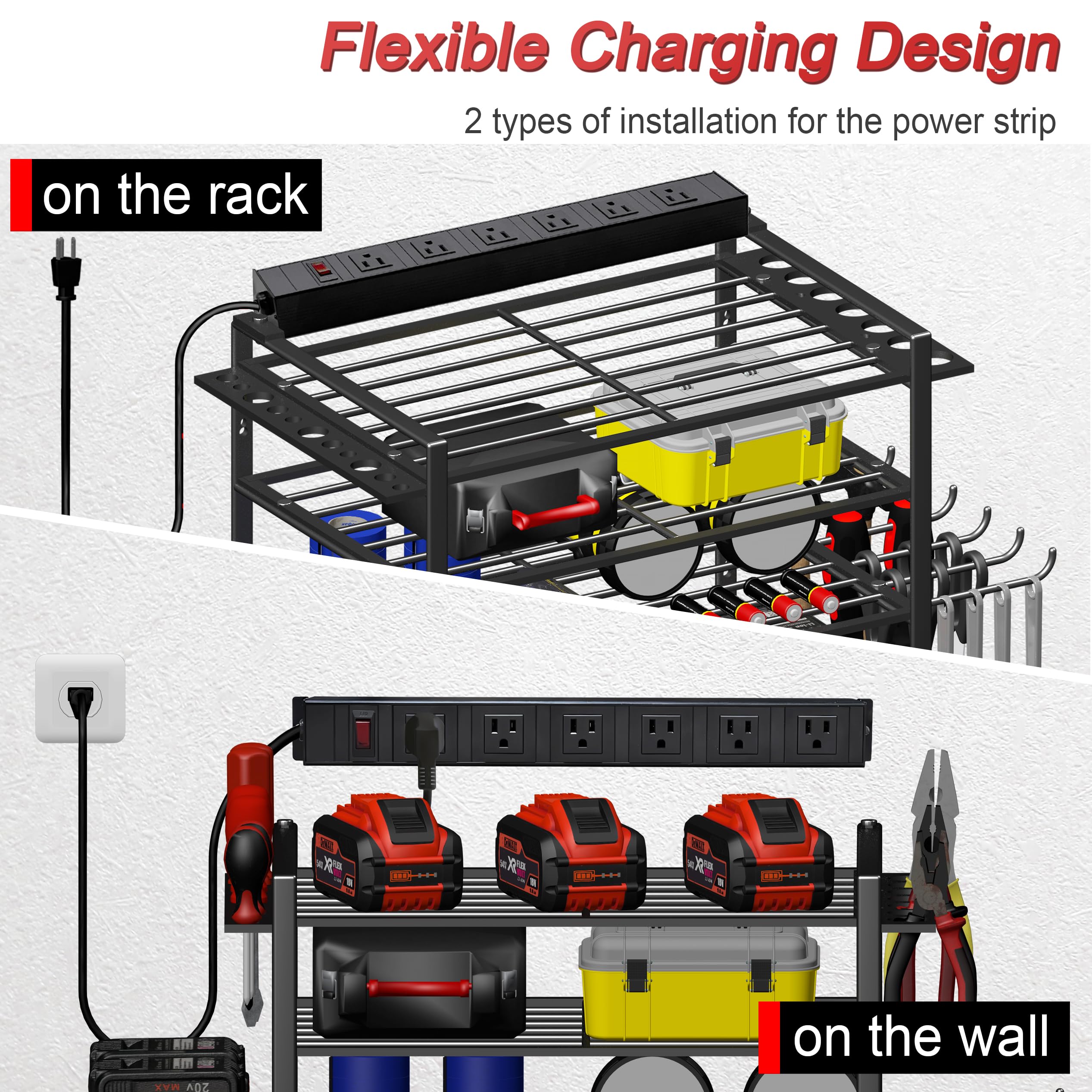 Spaclear Power Tool Organizer Wall Mount with Charging Station Garage Tools and Battery Storage Rack 4 Layer 6 Drill Holder Utility Rack Tool Shelf with Screwdriver/Plier/Hammer Holder Gift for Men