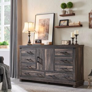 farmhouse 8 drawer dresser for bedroom - 54 inch wide dresser tv stand with storage & adjustable shelves, wood dressers & chests of drawers for closet, dark rustic oak