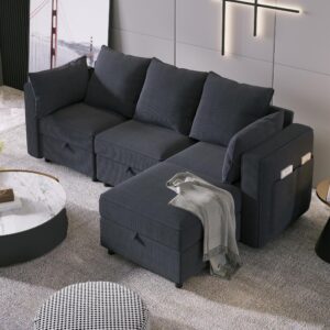 Fajiani 88.6" Modular Sectional Sofa with Storage, Corduroy L Shaped Sectional Sofa Couch, Convertible 4 Seat Sectional Couch with Ottoman for Living Room/Office, Easy Assembly, Dark Gray