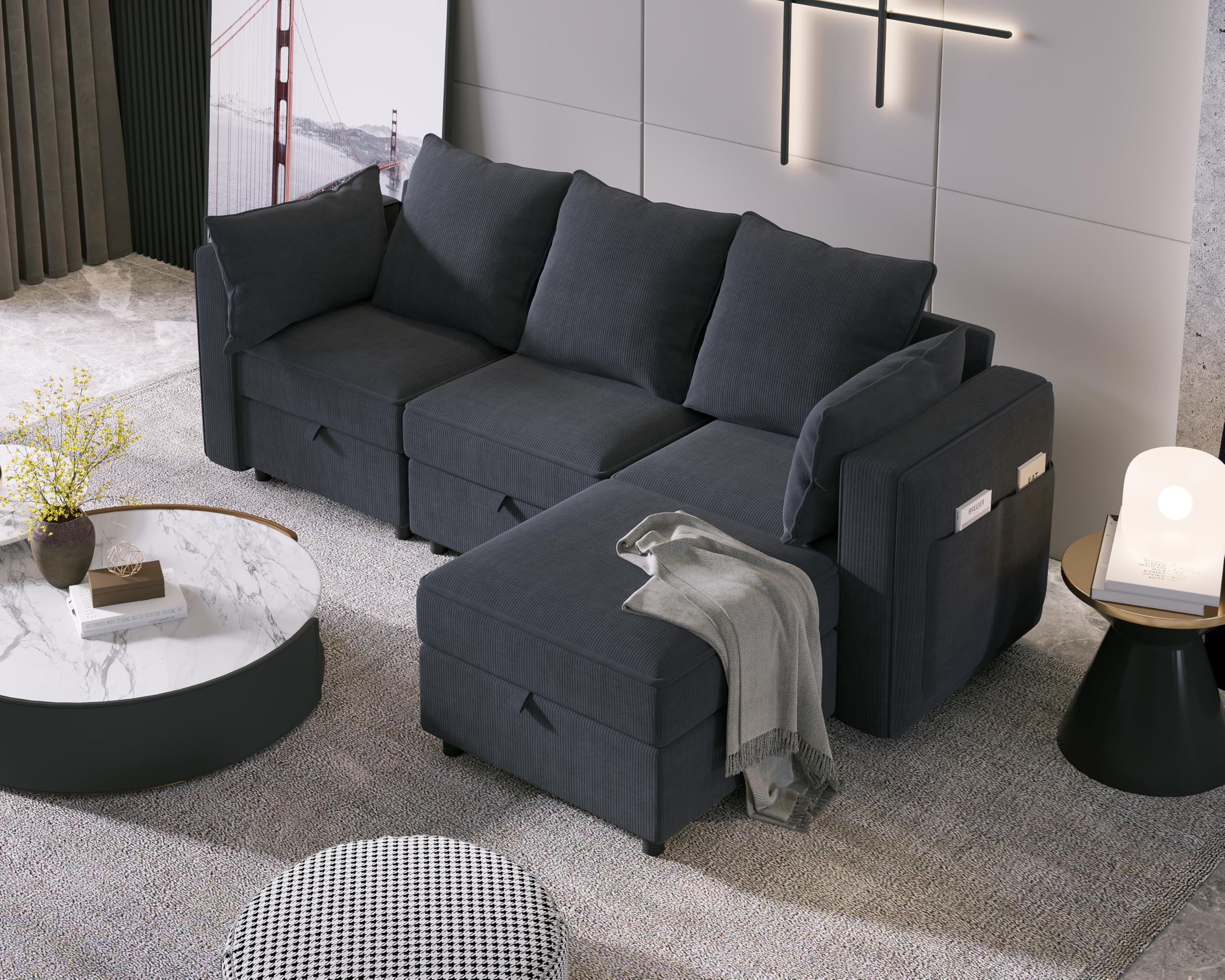 Fajiani 88.6" Modular Sectional Sofa with Storage, Corduroy L Shaped Sectional Sofa Couch, Convertible 4 Seat Sectional Couch with Ottoman for Living Room/Office, Easy Assembly, Dark Gray