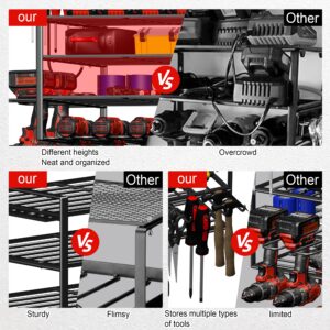 Spaclear Power Tool Organizer Wall Mount with Charging Station Garage Tools and Battery Storage Rack 4 Layer 6 Drill Holder Utility Rack Tool Shelf with Screwdriver/Plier/Hammer Holder Gift for Men